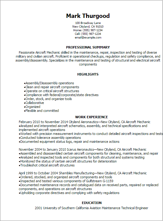 Resume Examples For Aircraft Mechanics