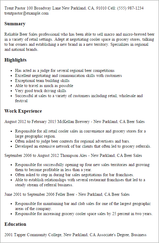 Beer Sales Sample Resume