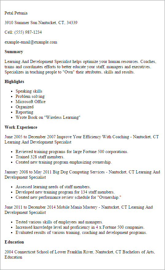 Learning Development Specialist Resume Examples 2025 