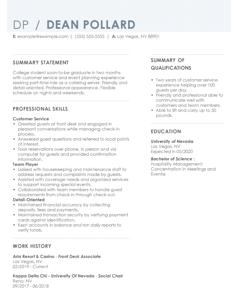Banquet Server Resume Example
