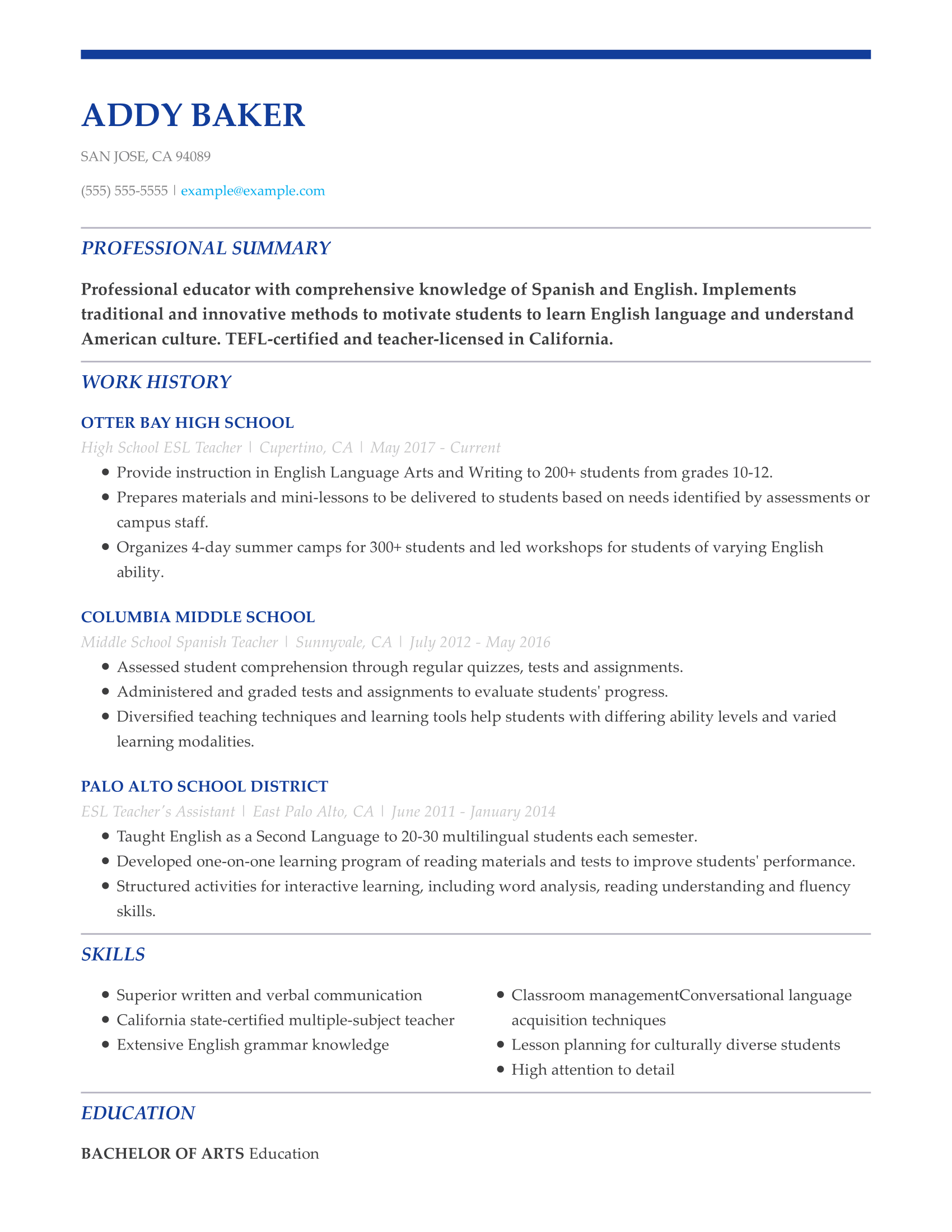 Esol Tutor Sample Resume