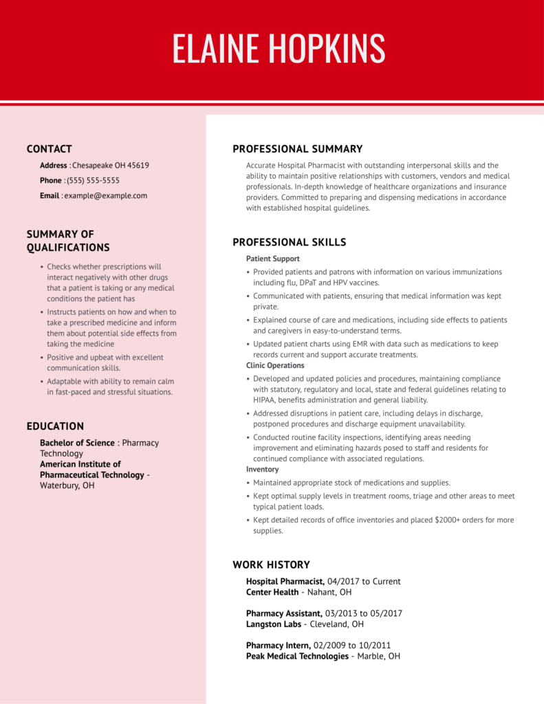 Pharmaceutical Hospital Pharmacist Resume Examples for 2025: Templates ...