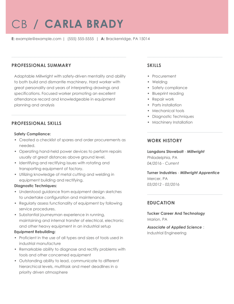 Millwright Resume Sample
