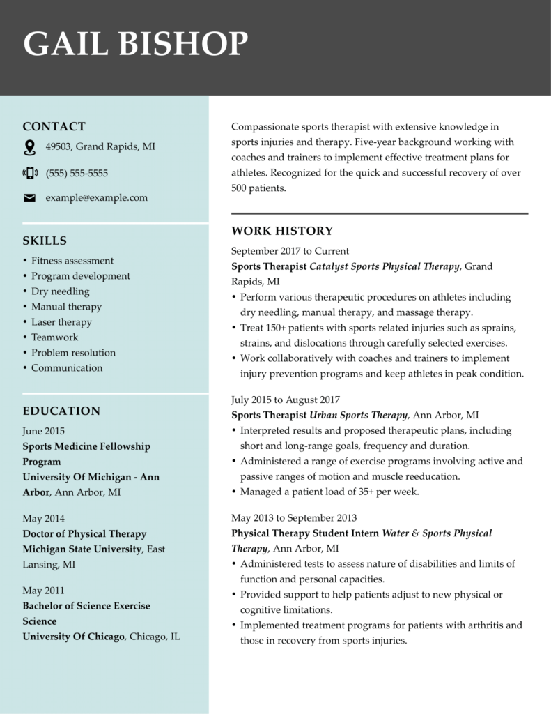 Physical Therapy Sports Therapist Resume Examples for 2025: Templates ...