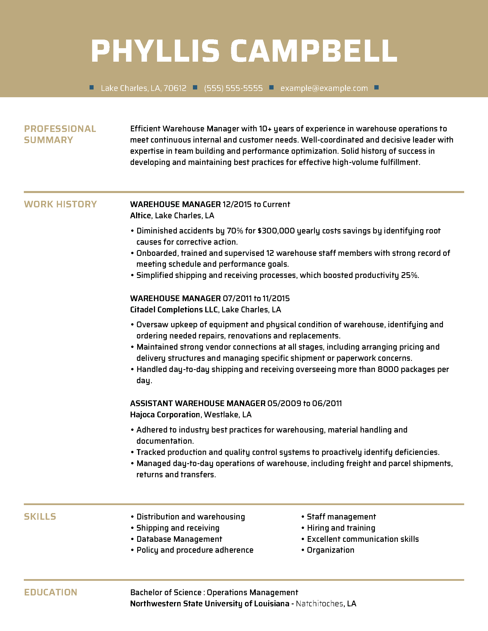 Top Warehouse Manager Resume Example in 2022 | MyPerfectResume