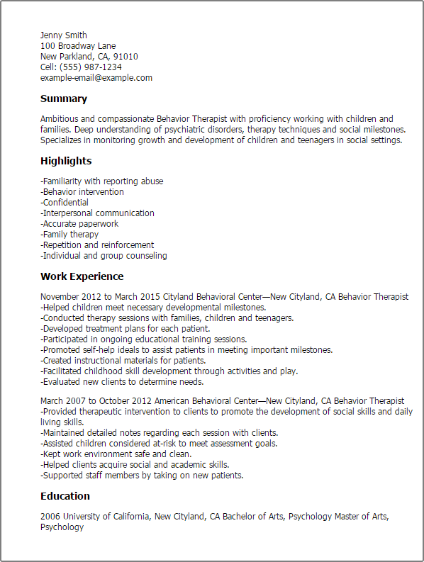 Behavior Therapist Resume Example | MyPerfectResume