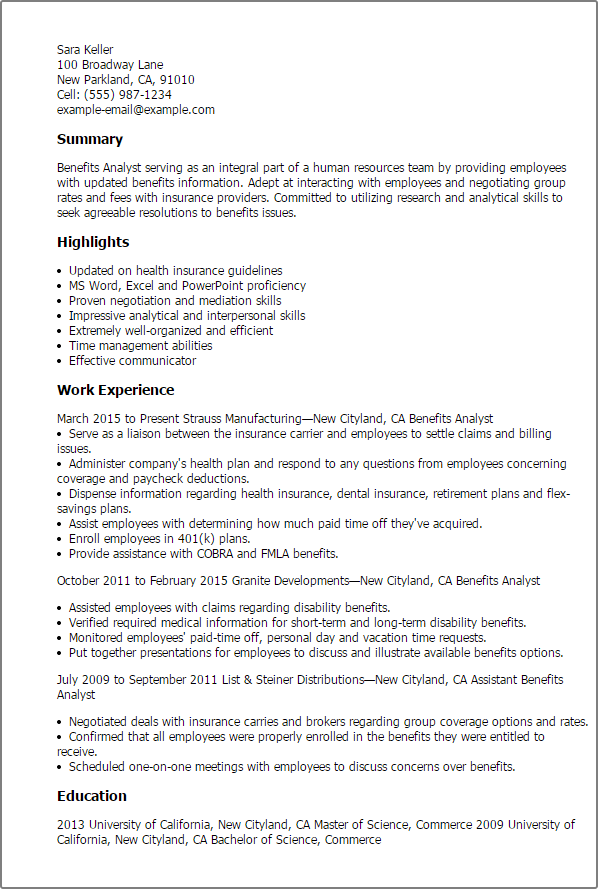 Benefits Analyst Resume Example | MyPerfectResume