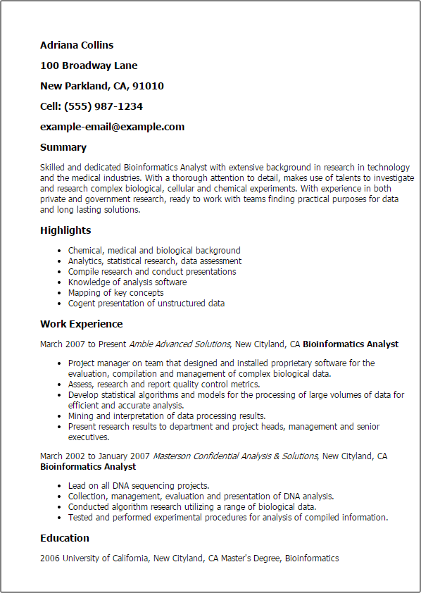 Bioinformatics Analyst Resume Example | MyPerfectResume