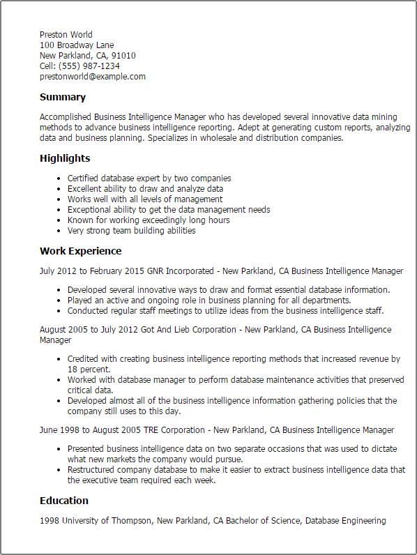 Business Intelligence Manager Resume Example | MPR