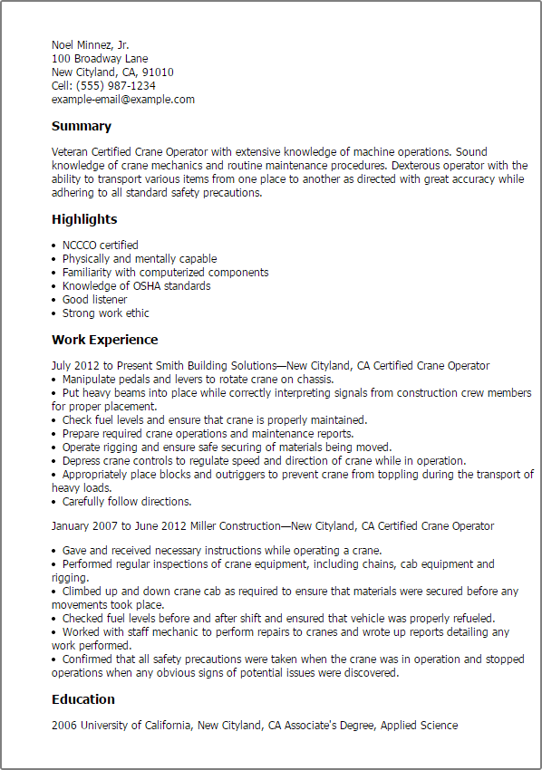 Certified Crane Operator Resume Example | MyPerfectResume