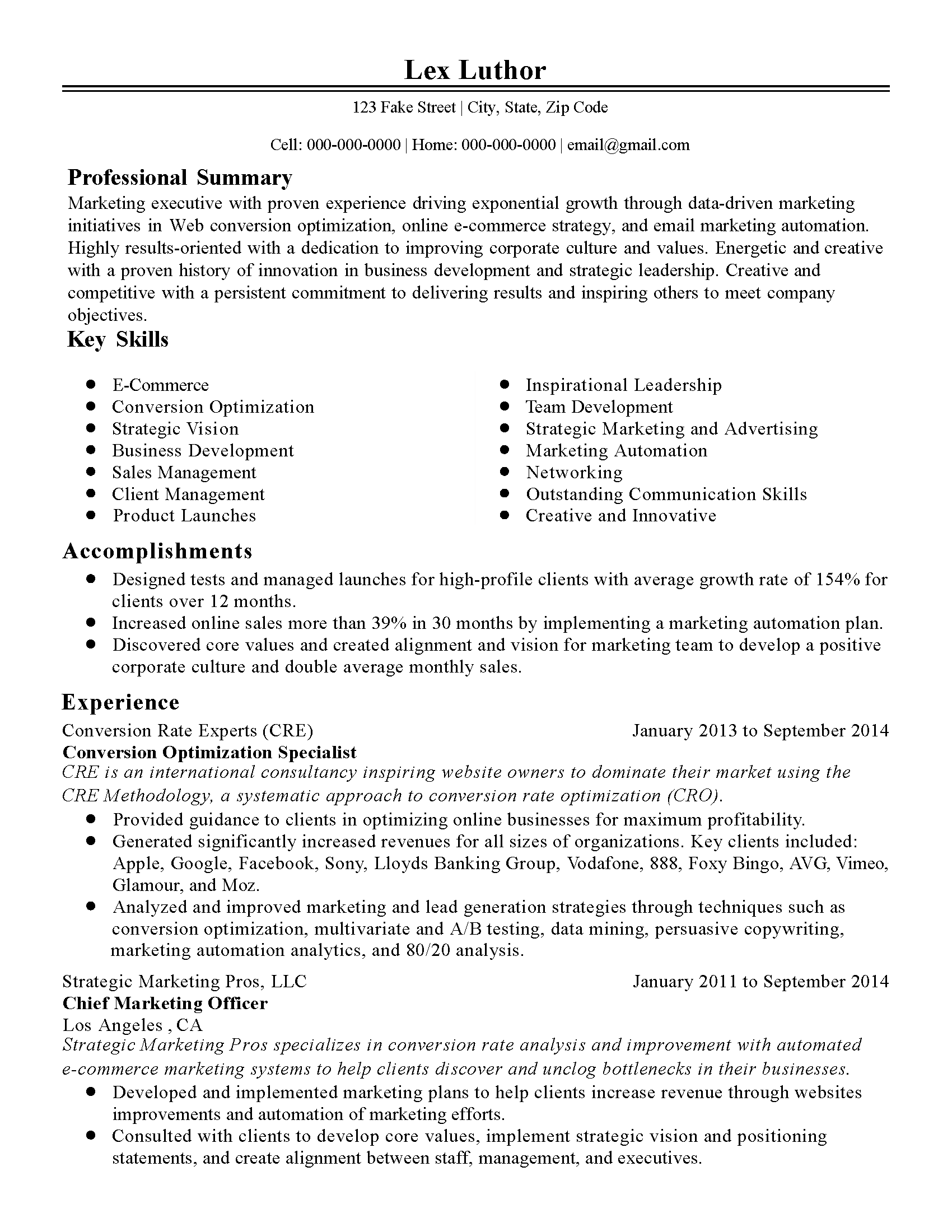 Conversion Optimization Specialist Resume Example | MPR