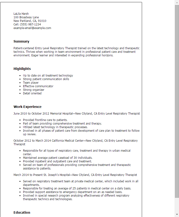 Entry Level Respiratory Therapist Resume Example | MPR Entry Level Respiratory Therapist Resume Example | MPR