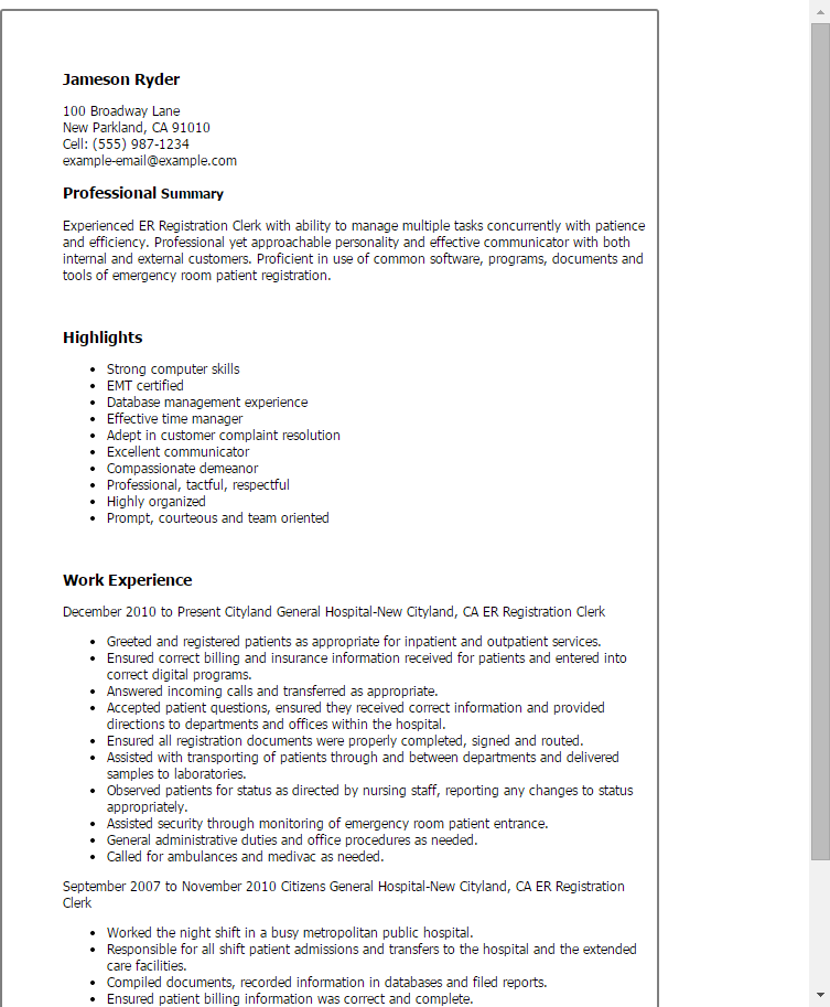 #1 ER Registration Clerk Resume Example | MyPerfectResume