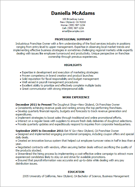 Professional Franchise Owner Resume Example