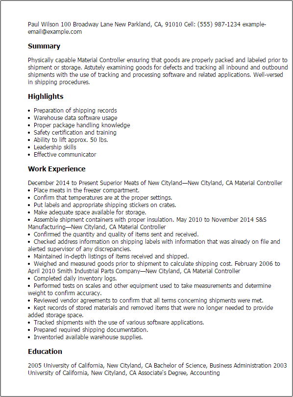 Material Controller Resume Example | MyPerfectResume Material Controller Resume Example | MyPerfectResume