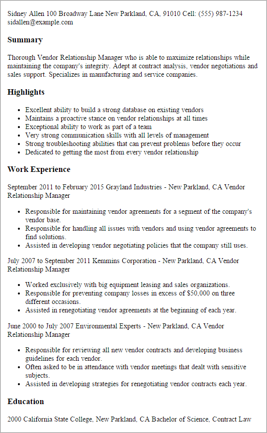 Vendor Relationship Manager Resume Example | MPR