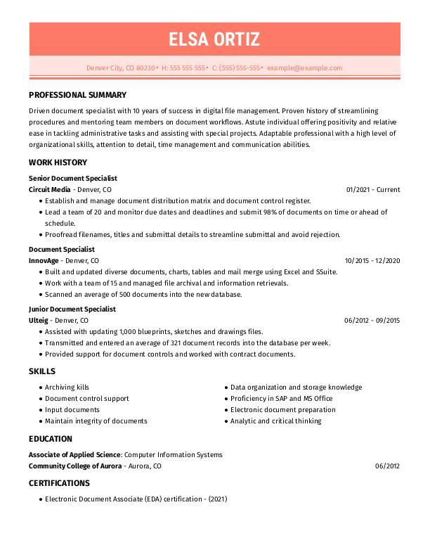 Professional Document Specialist Resume Example | MyPerfectResume