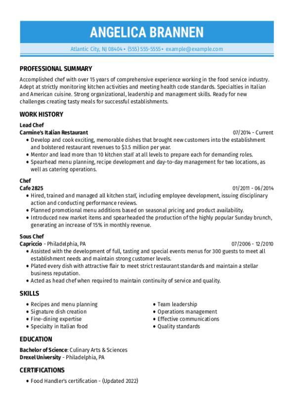 Entry Level Chef Resume Chef Resume Sample | Chef Resume, Guided