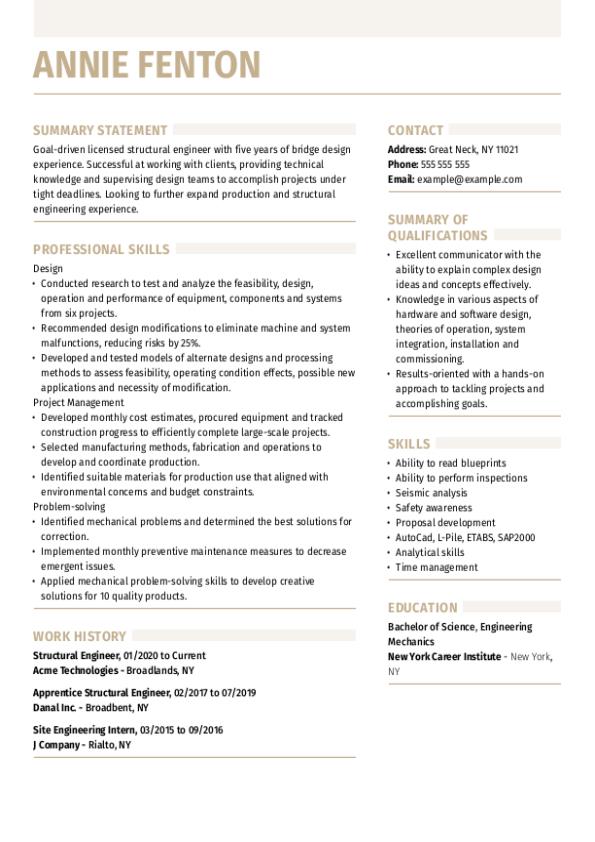 Bridge Design Engineer Sample Resume Electrical Engineering Entry