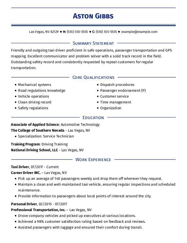 Driving Taxi Driver Cv Examples for 2025: Templates & Tips