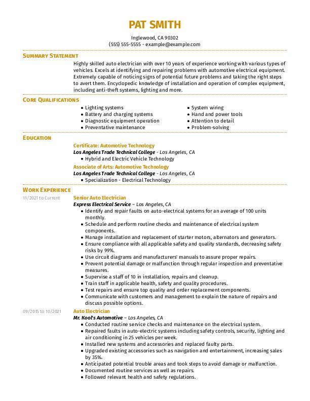 Auto Electrician Resume Examples & Templates [2025]