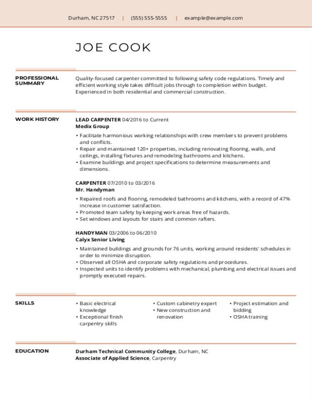 Sample Carpenter Resume Example