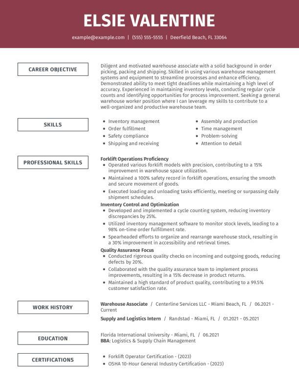 Warehouse Resume Warehouse Worker Resume Example & Expert Writing Tips