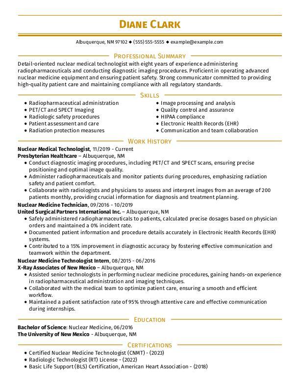 Nuclear Medicine Technologist Resume Examples [2025]