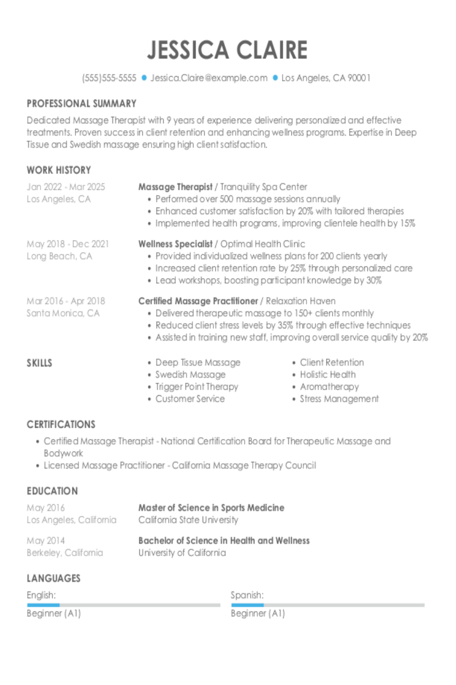 Basic Massage Therapist Resume