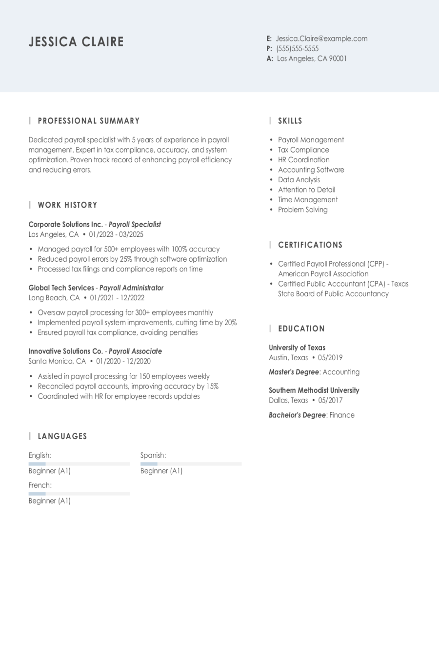 Payroll Assistant Resume Sample Best Payroll Specialist Resume