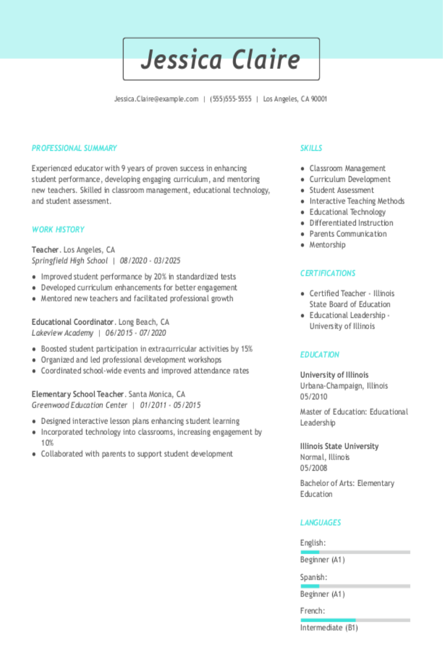 Teacher Resumes Samples Beginning & New Teacher Resume Examples