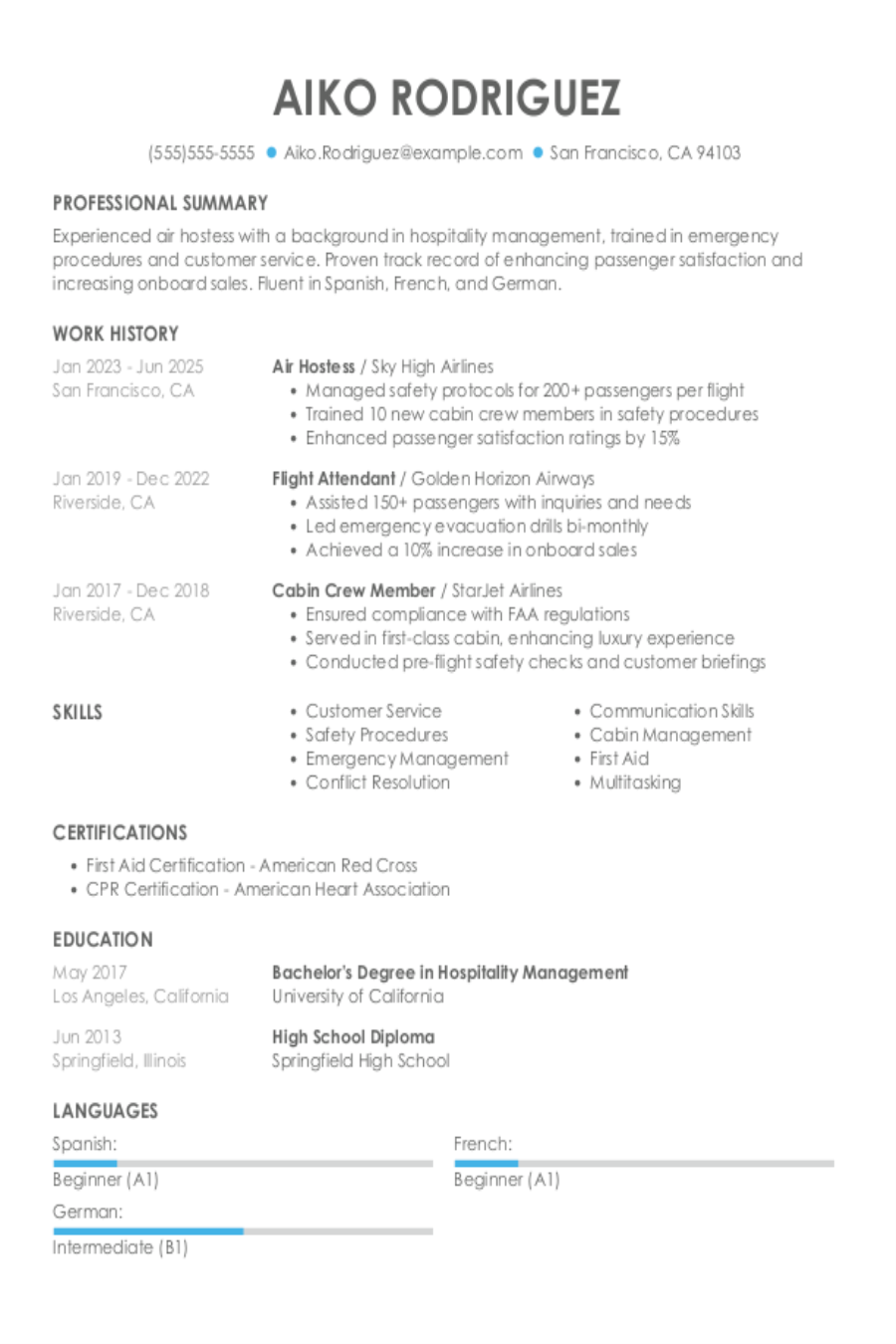 Air Hostess Resume Examples & Templates (2025)
