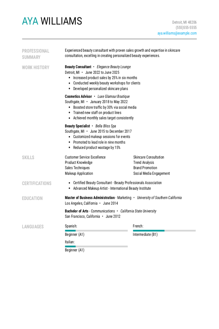 Beauty Consultant Resume Examples & Templates (2025)