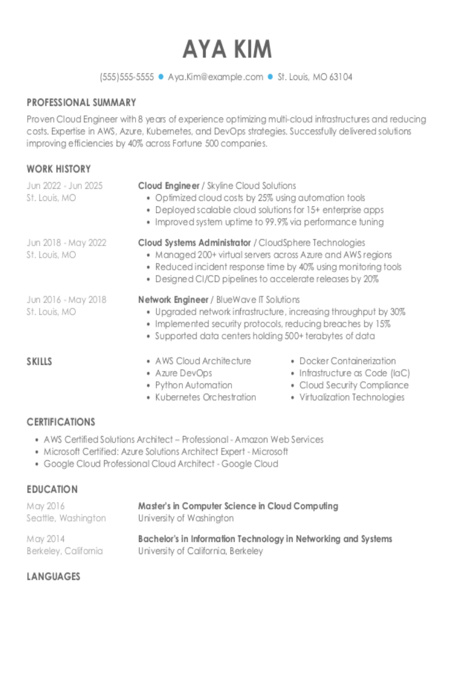 Cloud Engineer Resume Examples & Templates