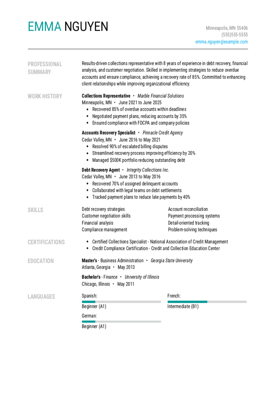 Collections Representative Resume Examples & Templates (2025)