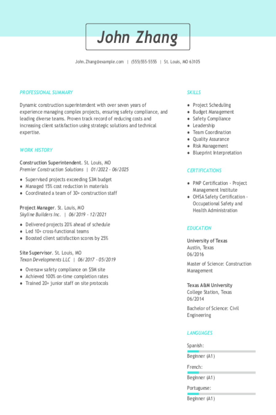 Civil Superintendent Resume Examples