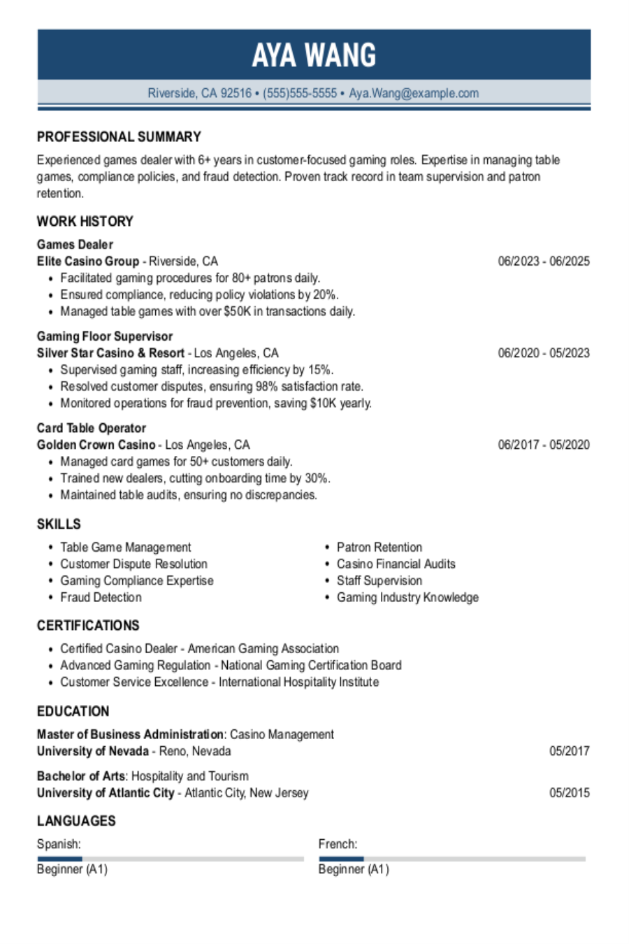 Games Dealer Resume Examples & Templates