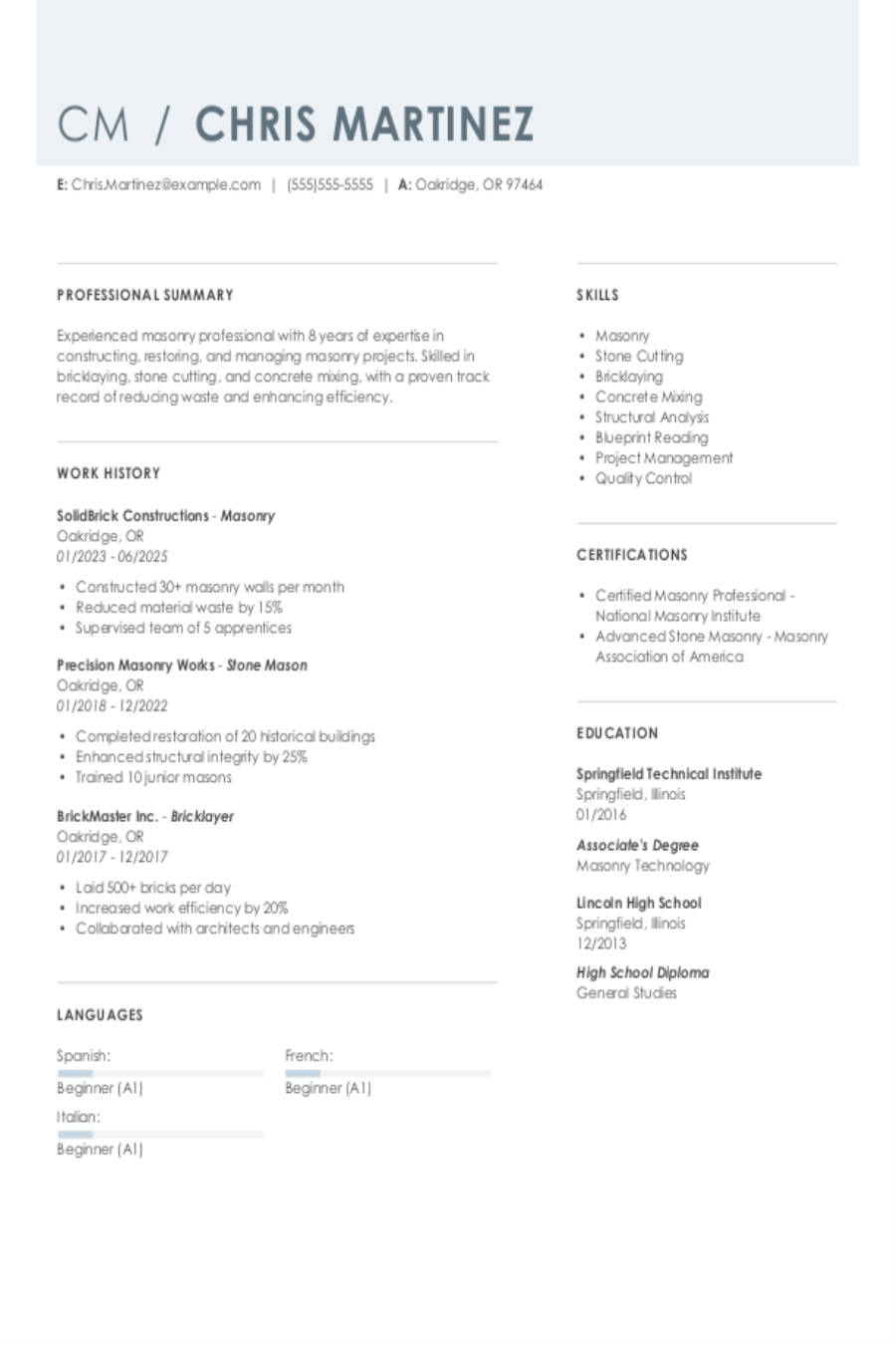 Masonry Resume Examples & Templates (2025)