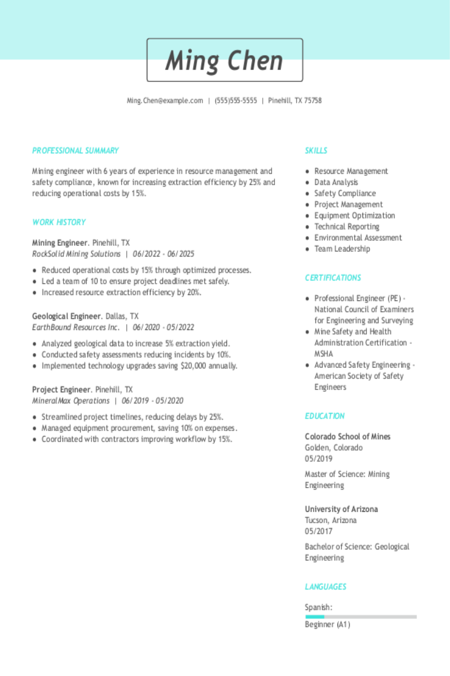 Mining Engineer Resume Examples & Templates