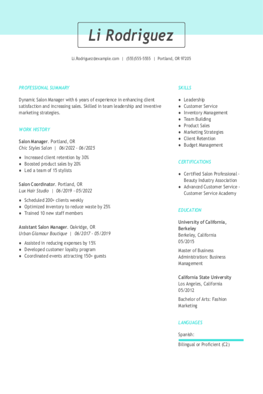 For Beauty Salon Owner Resume