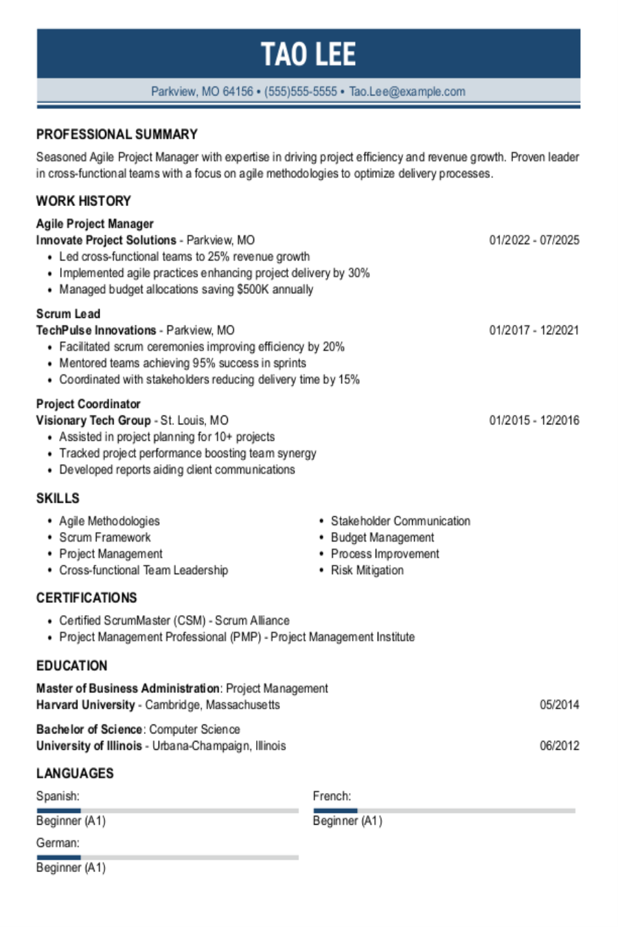 Agile Project Manager Resume Examples & Templates (2025)