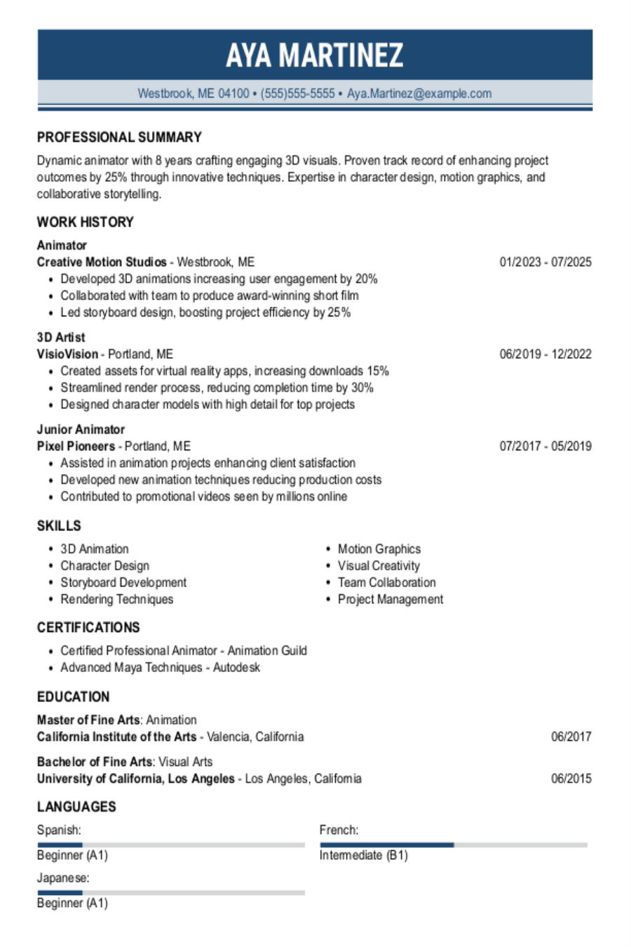Animator Resume Examples & Templates