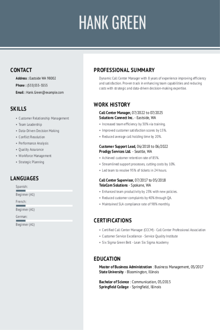 Call Center Manager Resume Examples & Templates
