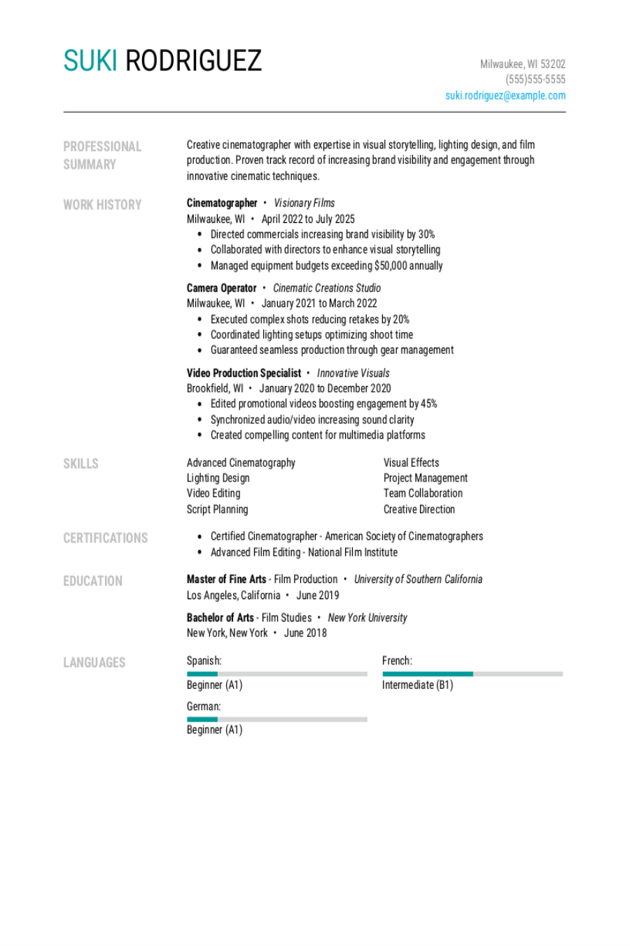 Cinematographer Resume Examples & Templates