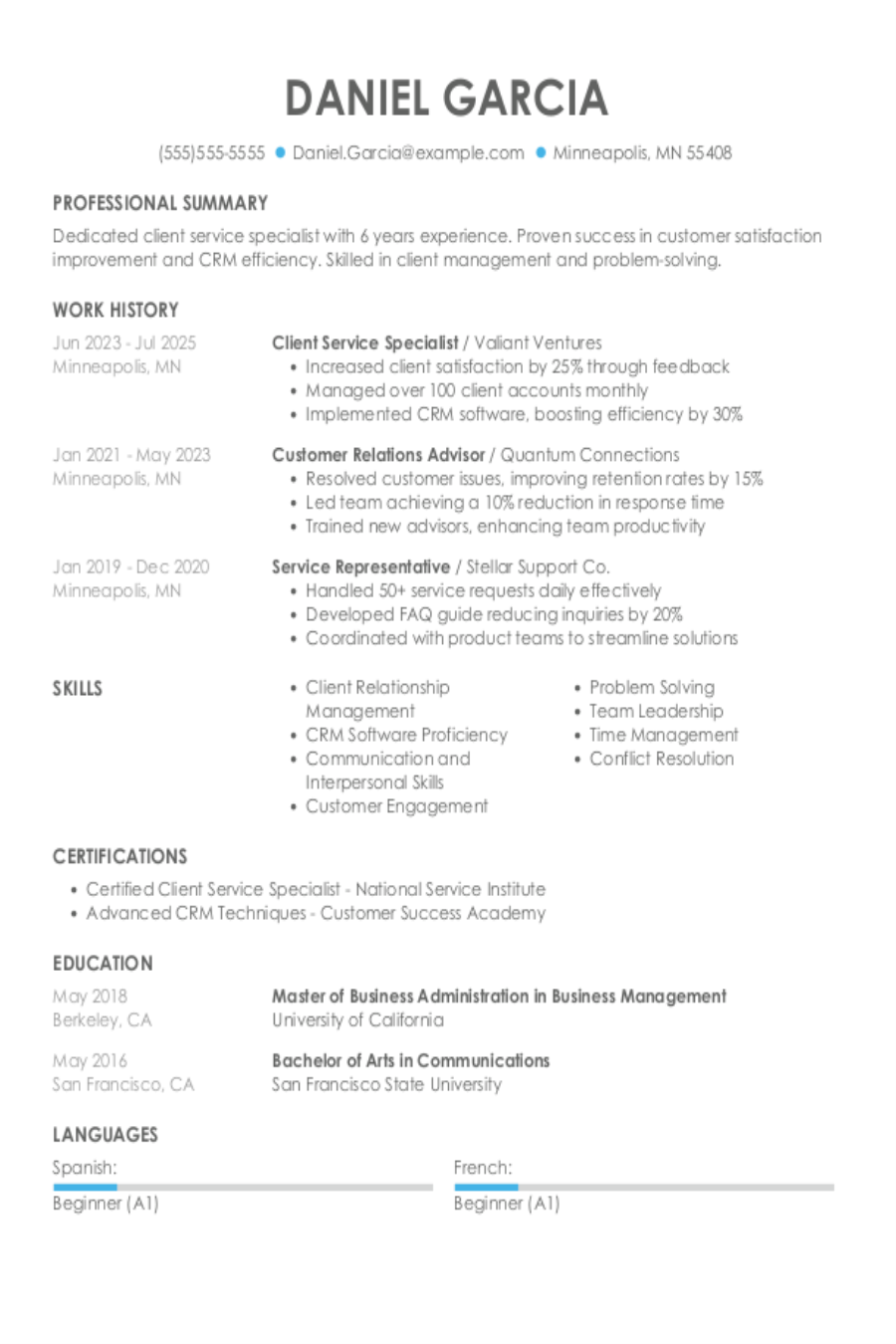 Client Service Specialist Resume Examples & Templates