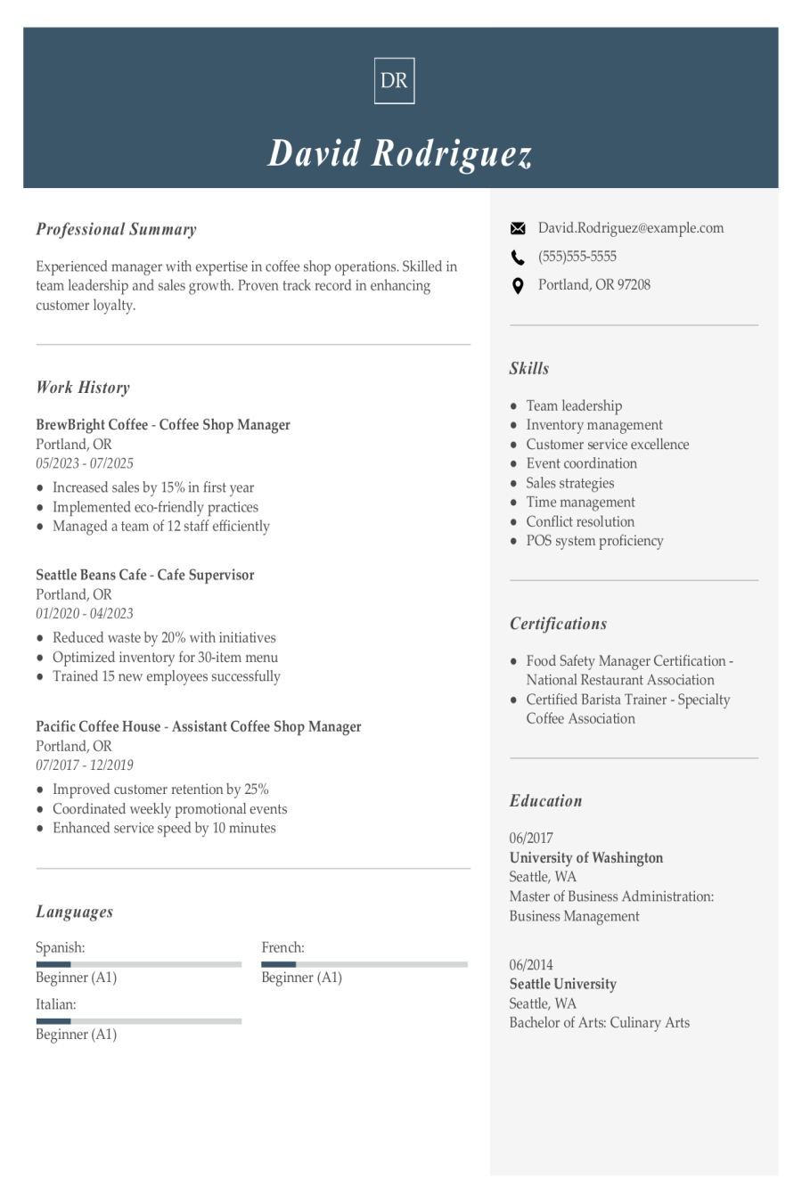Coffee Shop Manager Resume Examples & Templates