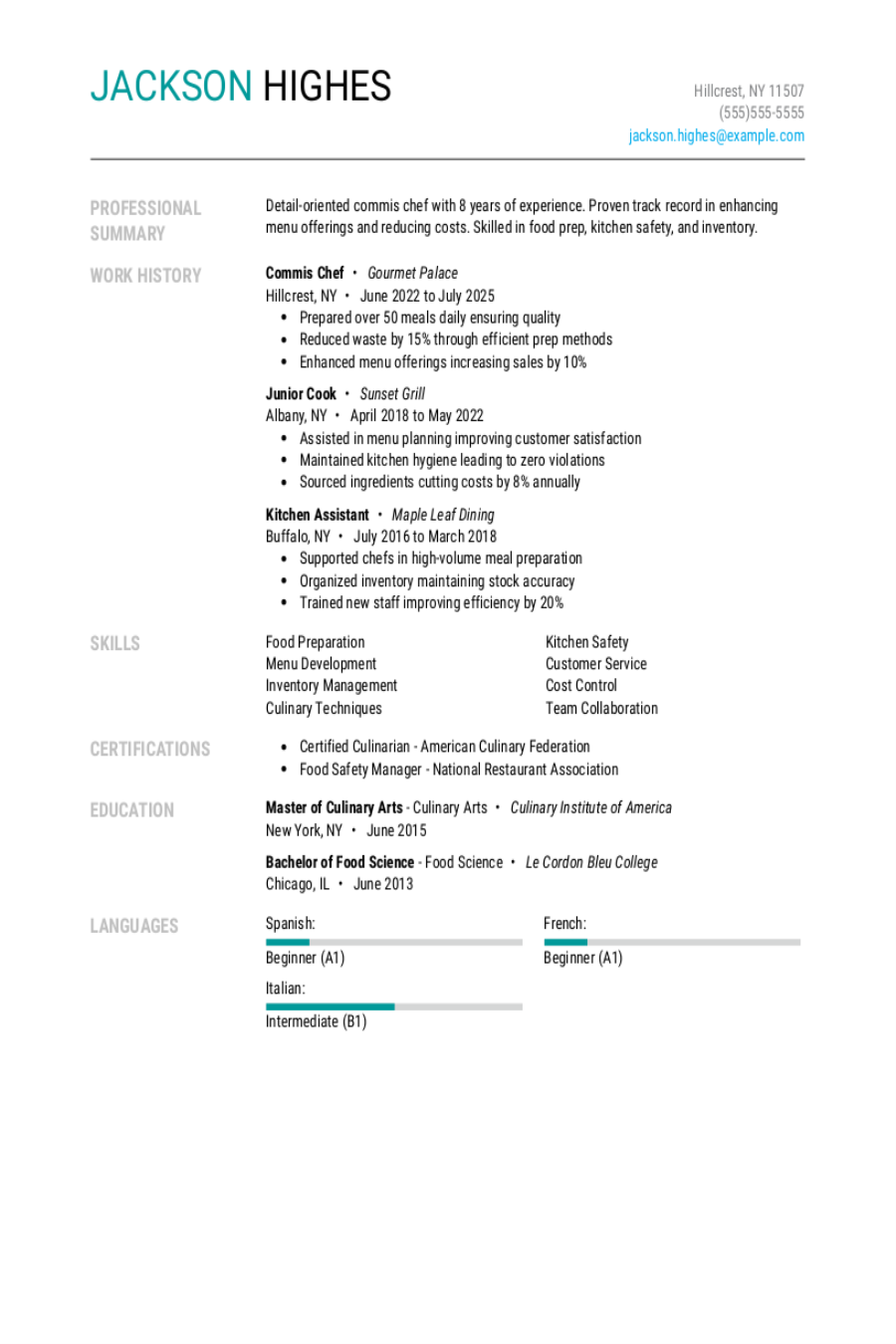 Commis Chef Resume Examples & Templates