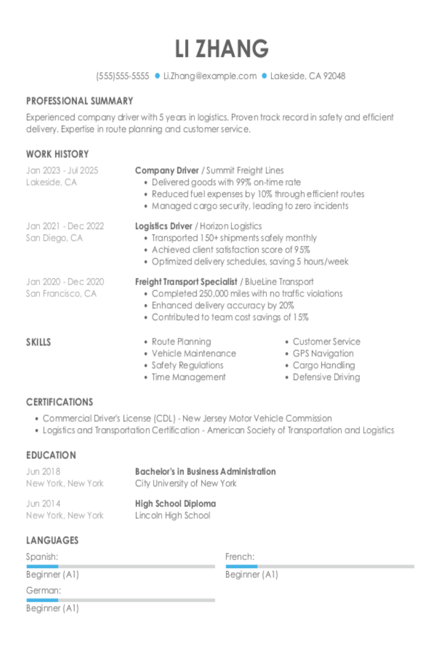 Company Driver Resume Examples & Templates