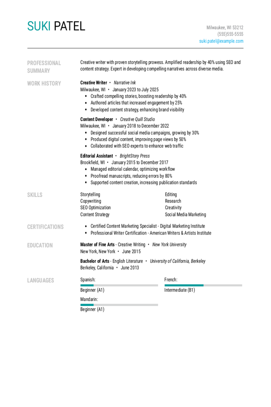 Creative Writer Resume Examples & Templates (2025)
