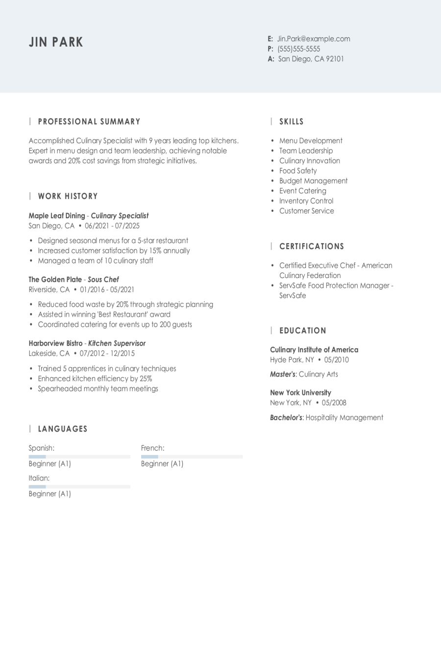 Culinary Resume Examples & Templates